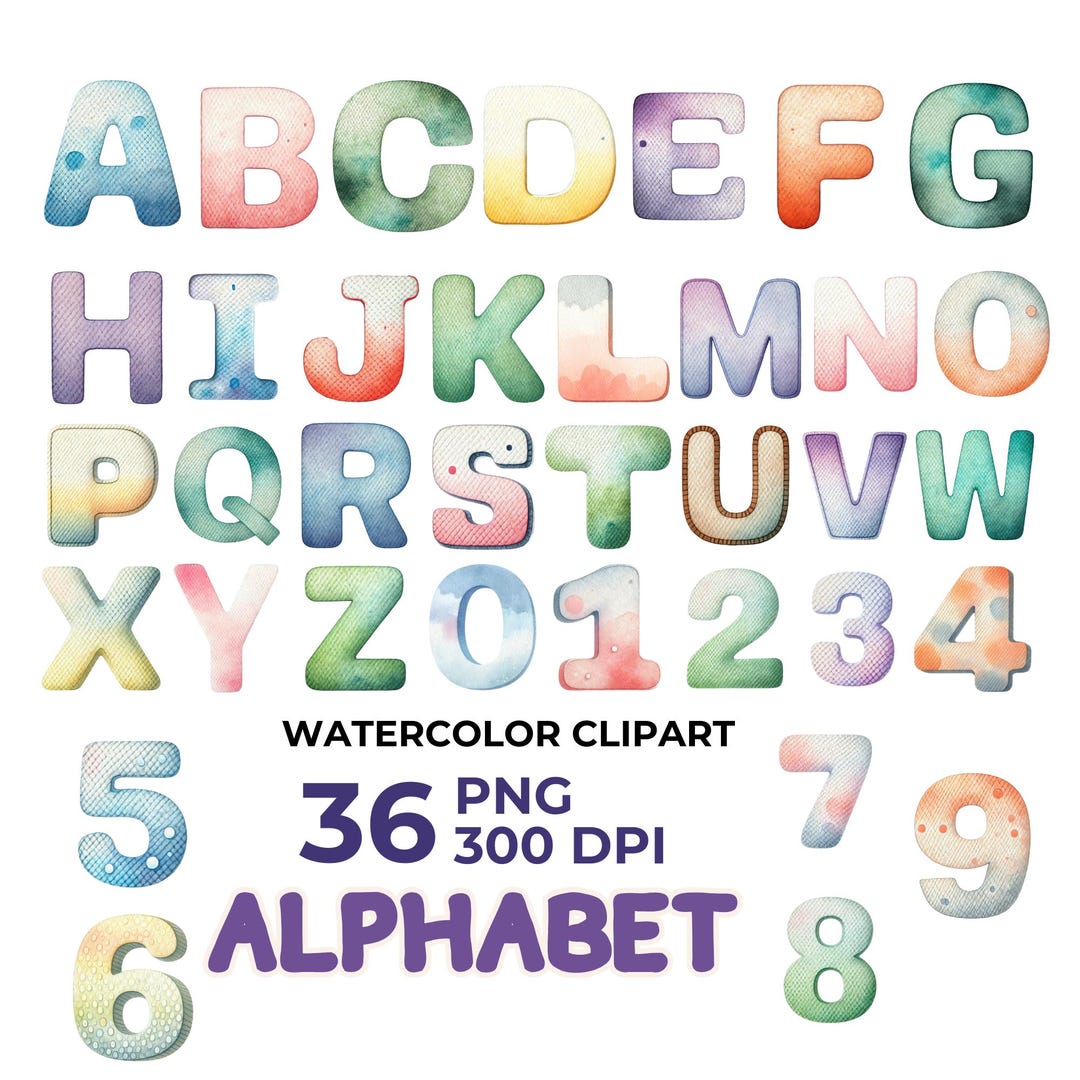 Pastel Watercolor Alphabet Clipart: PNG Letters & Numbers (digital ...