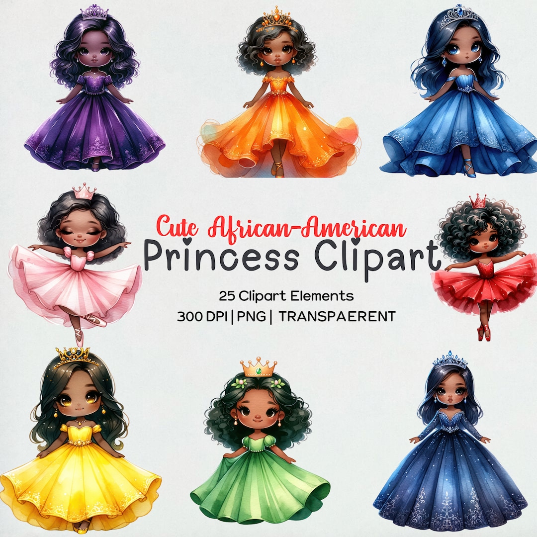 Watercolor African American Princess Clipart - Digital Download, Cute ...