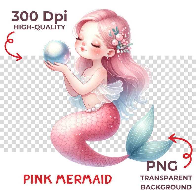 Pink Mermaid Watercolor Clipart - Cute Mermaid PNG Illustrations ...