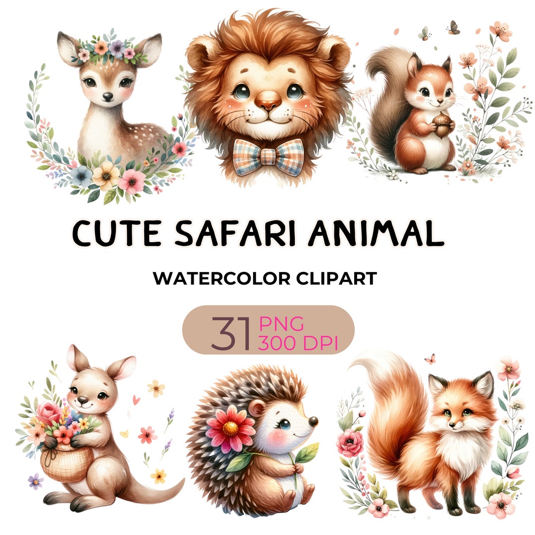 Watercolor Safari Animals Clipart - Cute Forest Creatures PNG Files ...