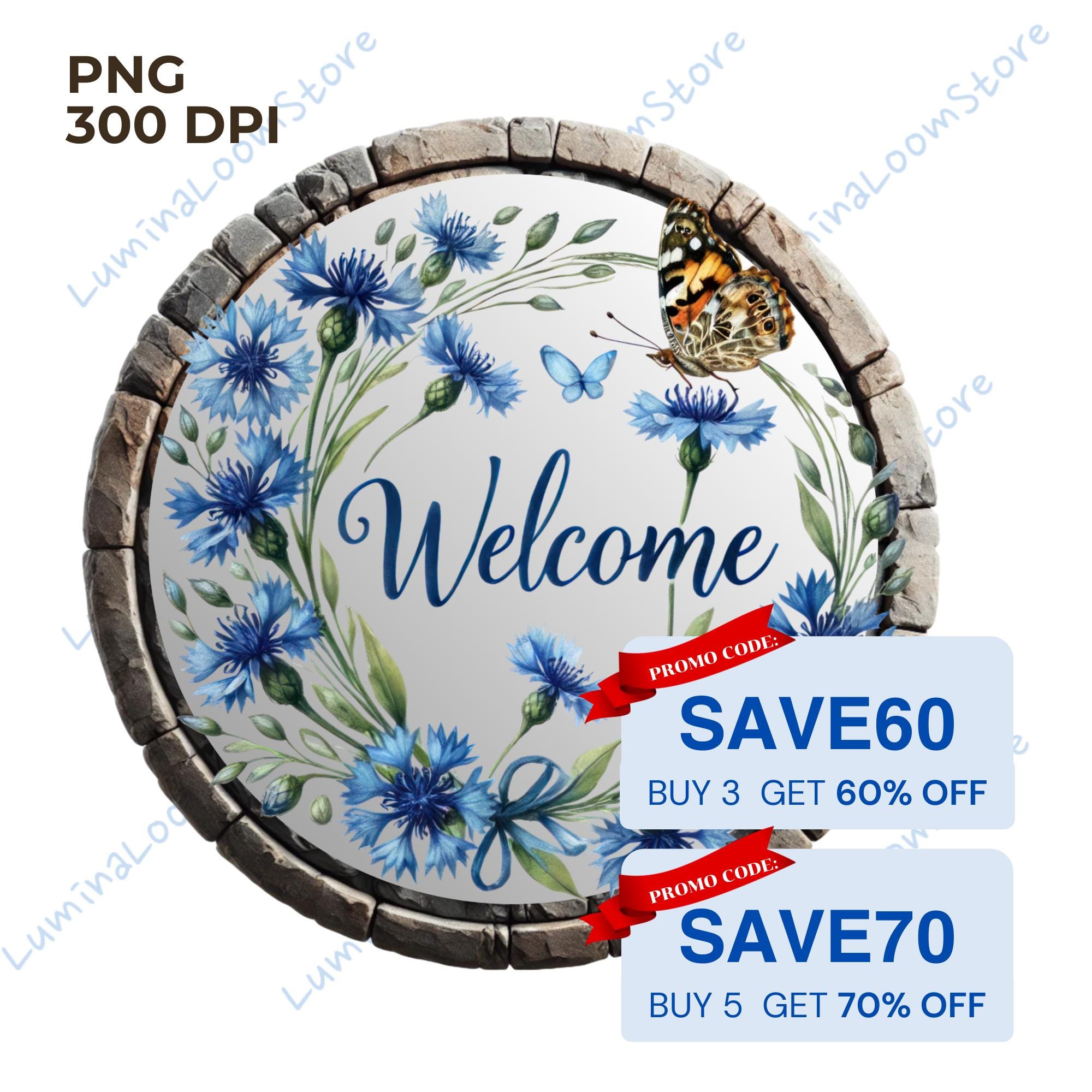 Blue Floral Welcome Sign, Butterfly Door Sign, Rustic Stone Printable ...