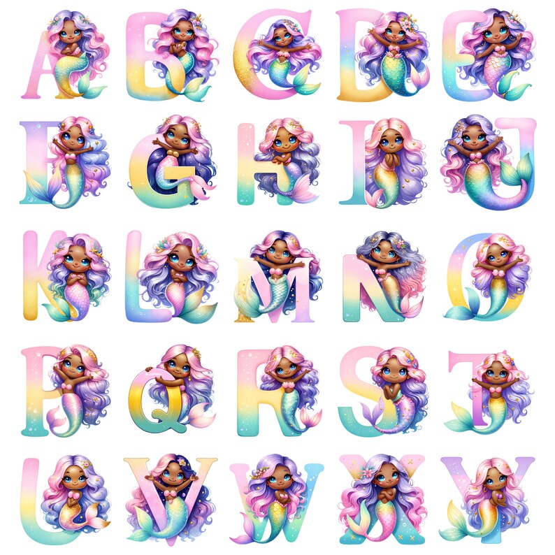 Mermaid Alphabet Clipart Set Watercolor Mermaid Letters PNG, Vibrant ...