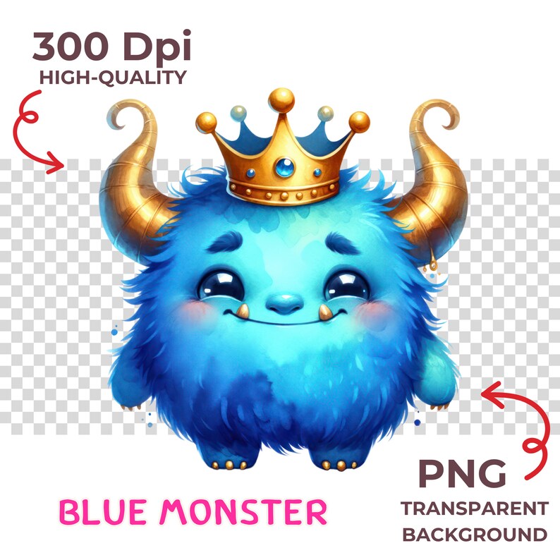 Watercolor Blue Monster Clipart – 40 PNG Images, Kids Illustration ...