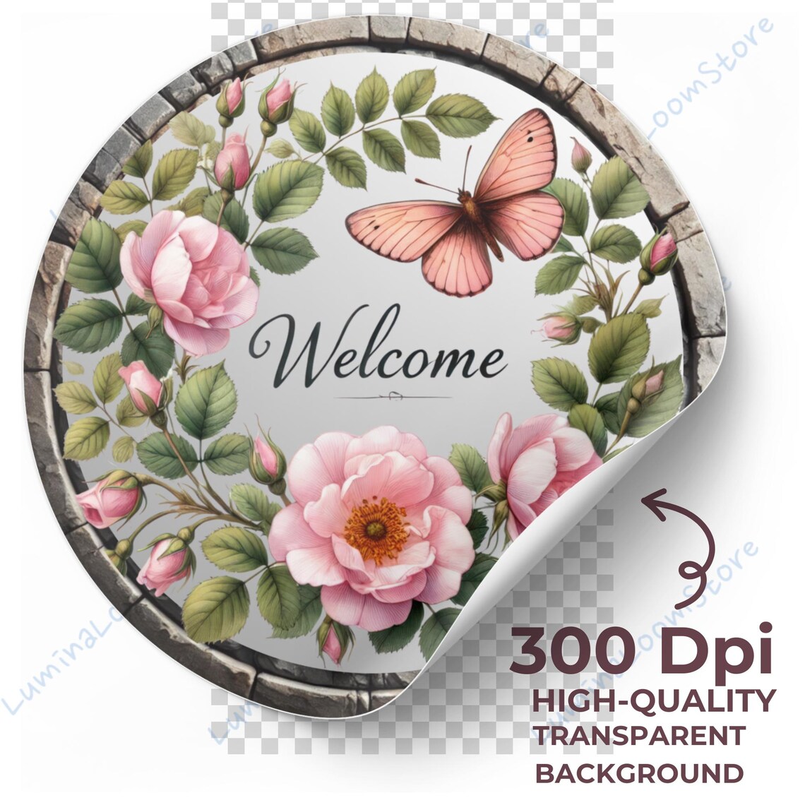 Floral Rose Welcome Sign, Butterfly Wall Art, Rustic Stone Printable ...