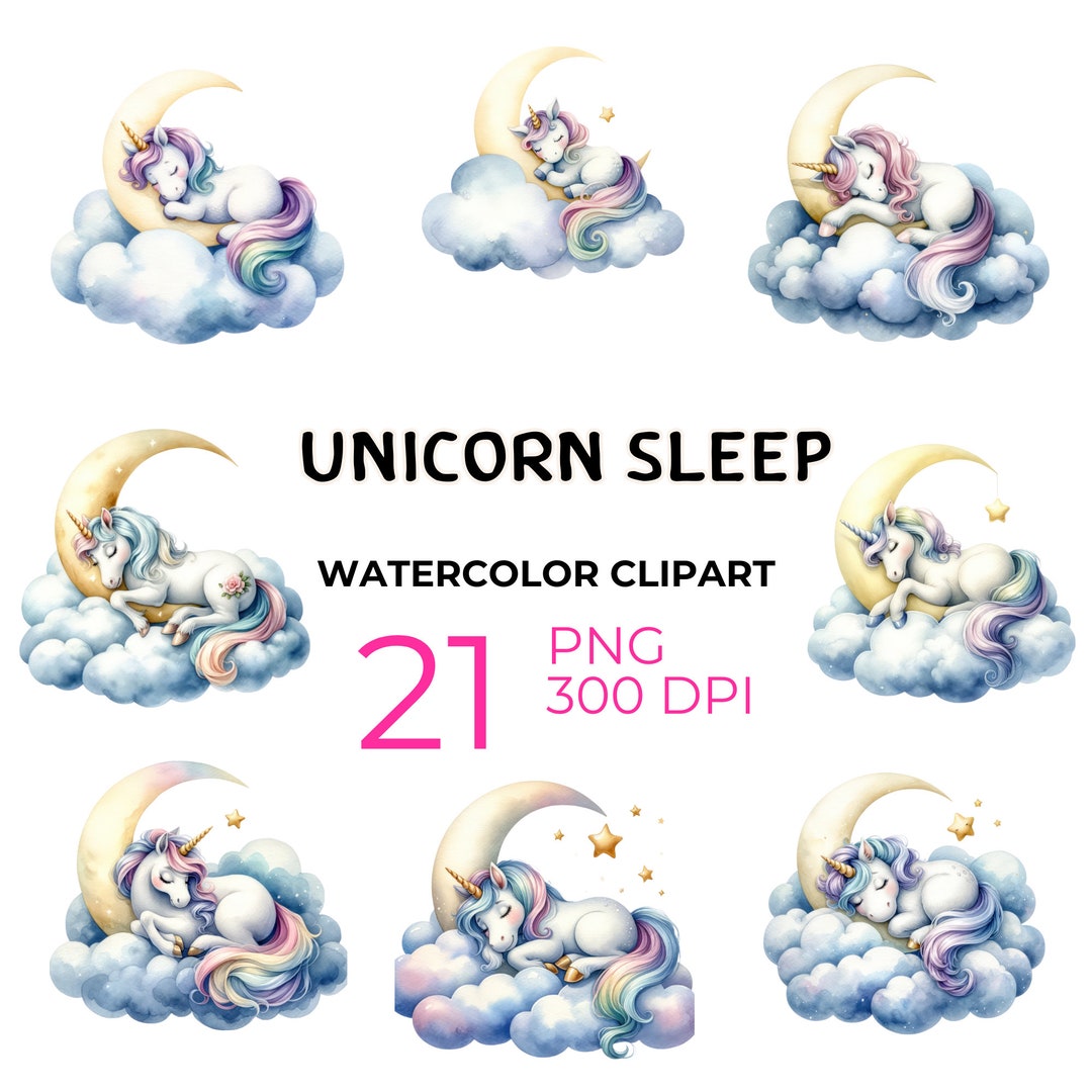 Slumbering Unicorn Watercolor Clipart - Peaceful Unicorn Sleep ...