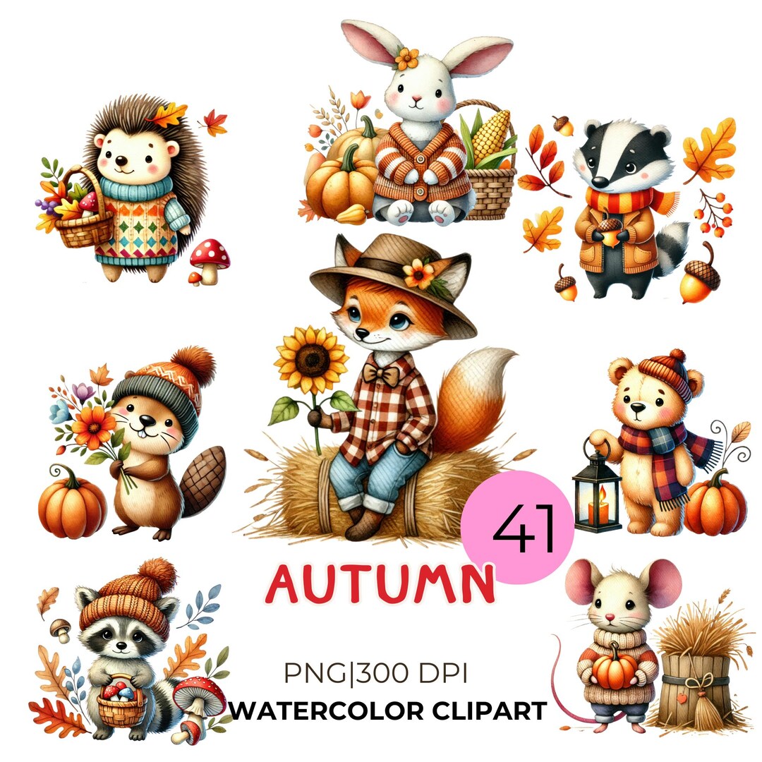 Autumn Woodland Animal Clipart Set | Fall Watercolor PNG | Cute Forest ...