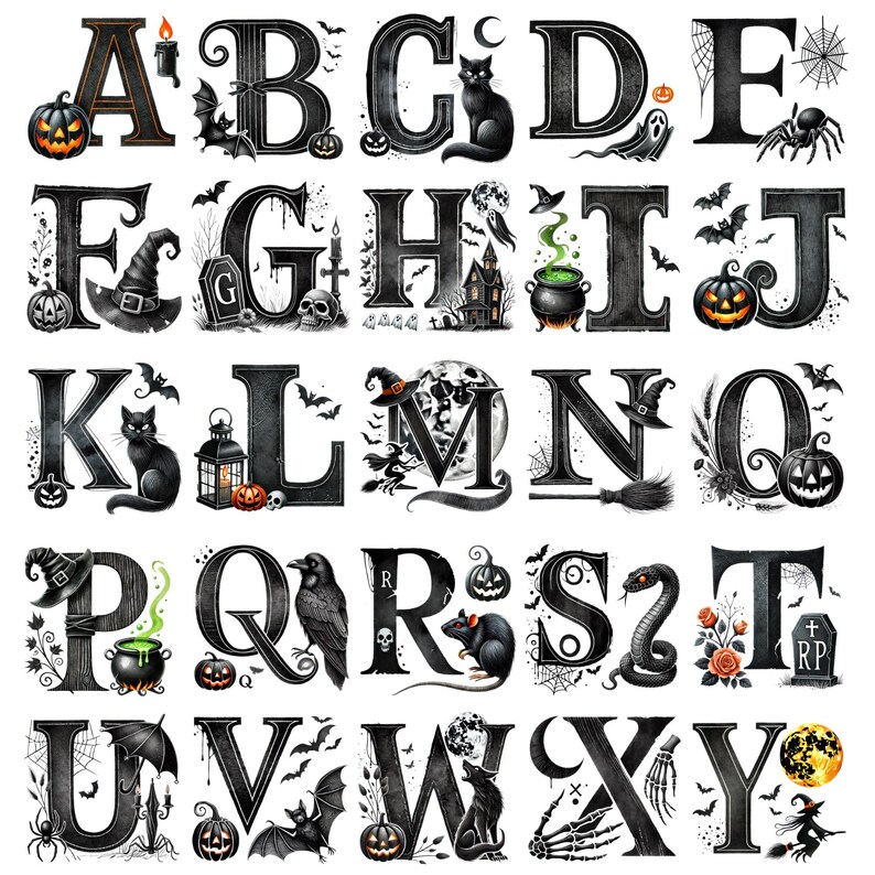 Halloween Alphabet Clipart | 39 PNG Watercolor Letters & Numbers ...