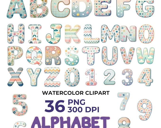 Watercolor Alphabet Clipart, Letter Clipart, Cute Watercolor Alphabet ...