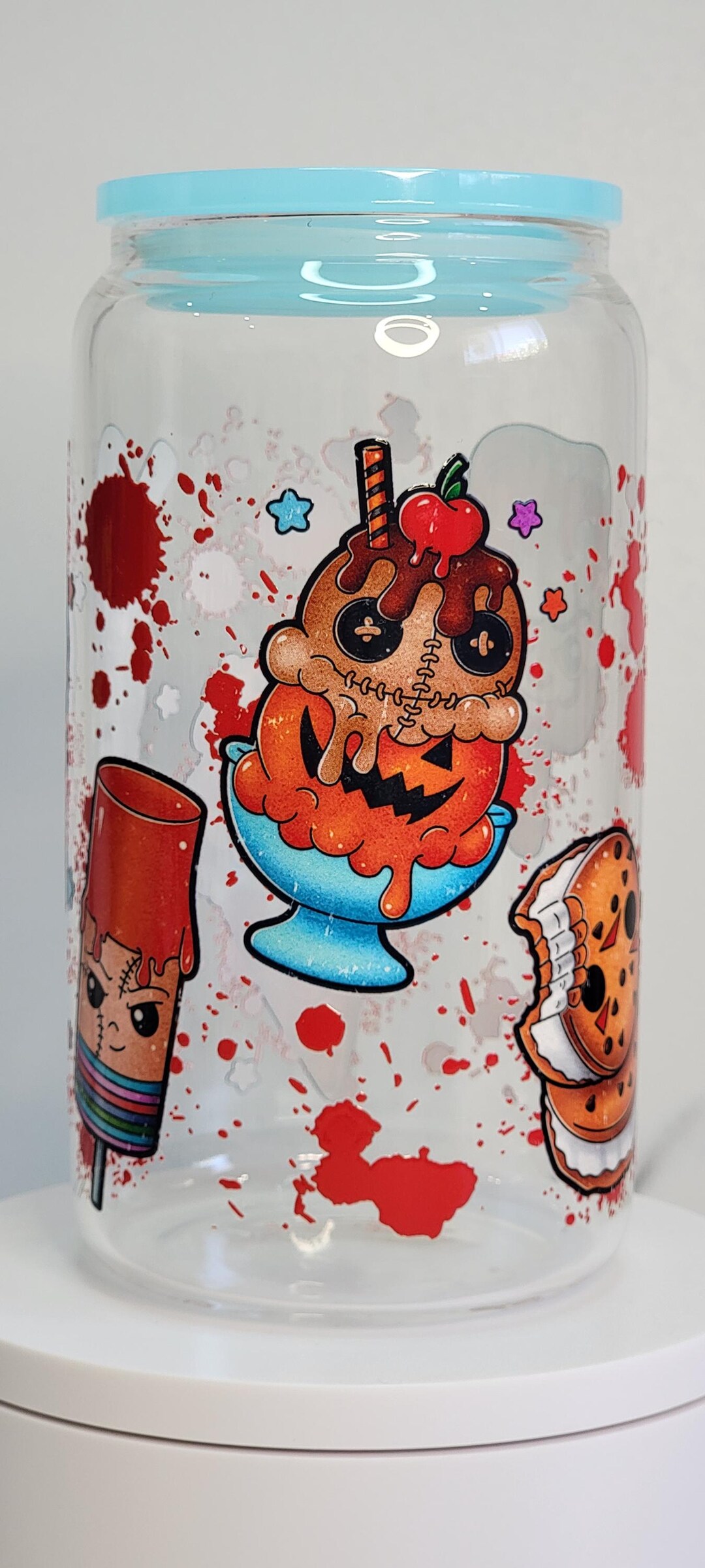 Creepy Cute Dessert Glass Cup – 16oz Halloween Tumbler With Blue Lid ...
