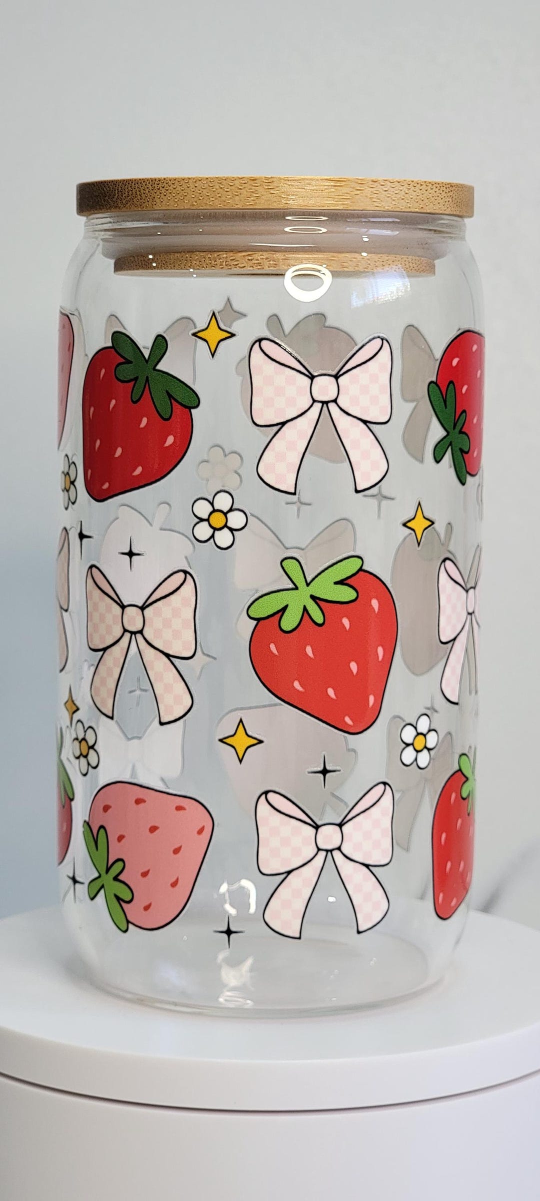 Strawberry Gingham Bow Glass Jar: Kawaii Coquette Iced Coffee Cup - Etsy
