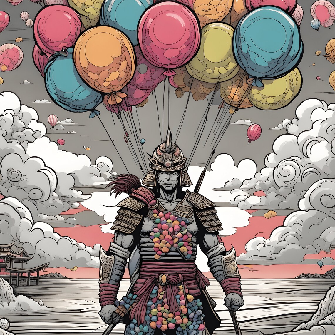 Samurai Balloons, AI Prompt, Red Digital Art, Ai Art, AI Print, Print ...