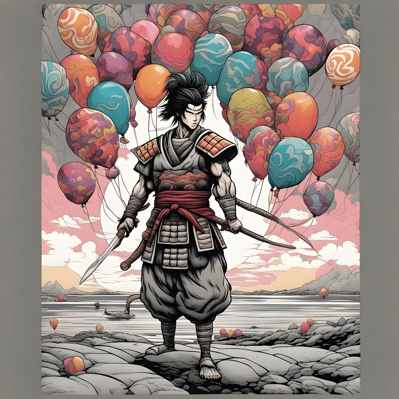 Samurai Balloons, AI Prompt, Red Digital Art, Ai Art, AI Print, Print ...