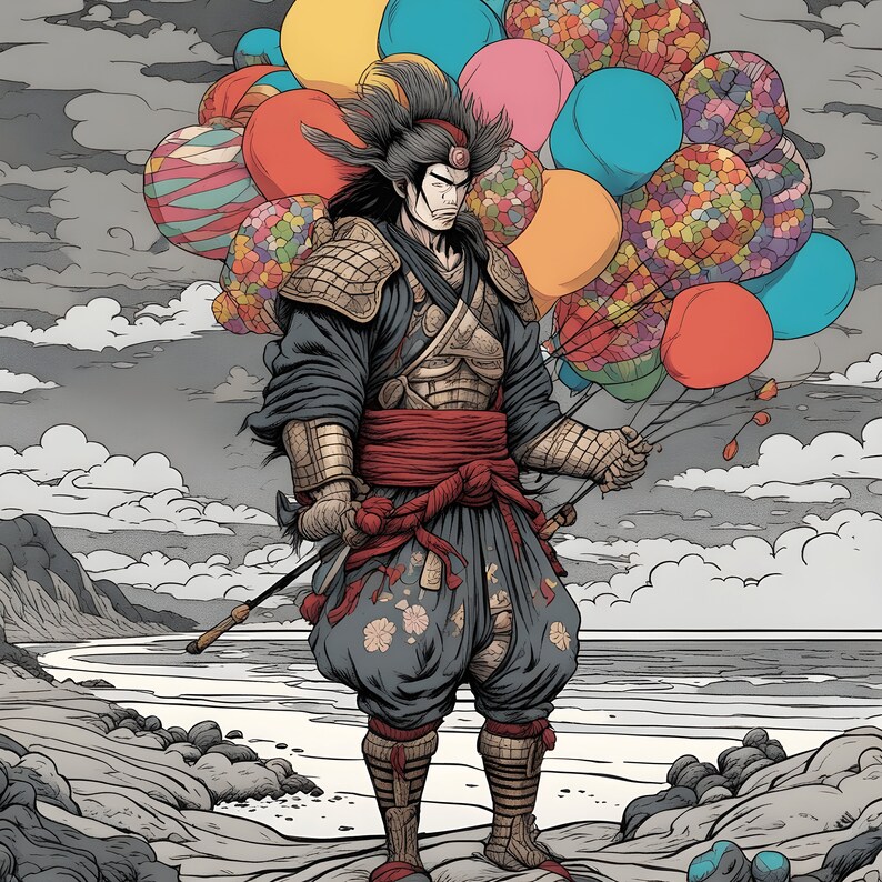 Samurai Balloons, AI Prompt, Red Digital Art, Ai Art, AI Print, Print ...