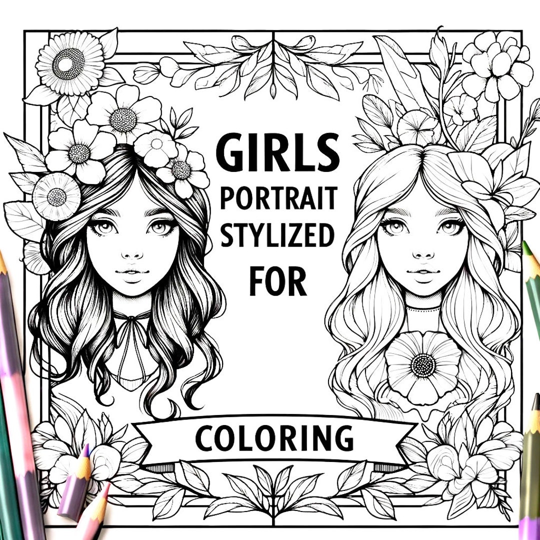 Girls Portrait Stylized for Coloring - Etsy