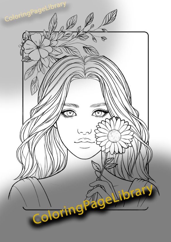 Girls Portrait Stylized for Coloring - Etsy