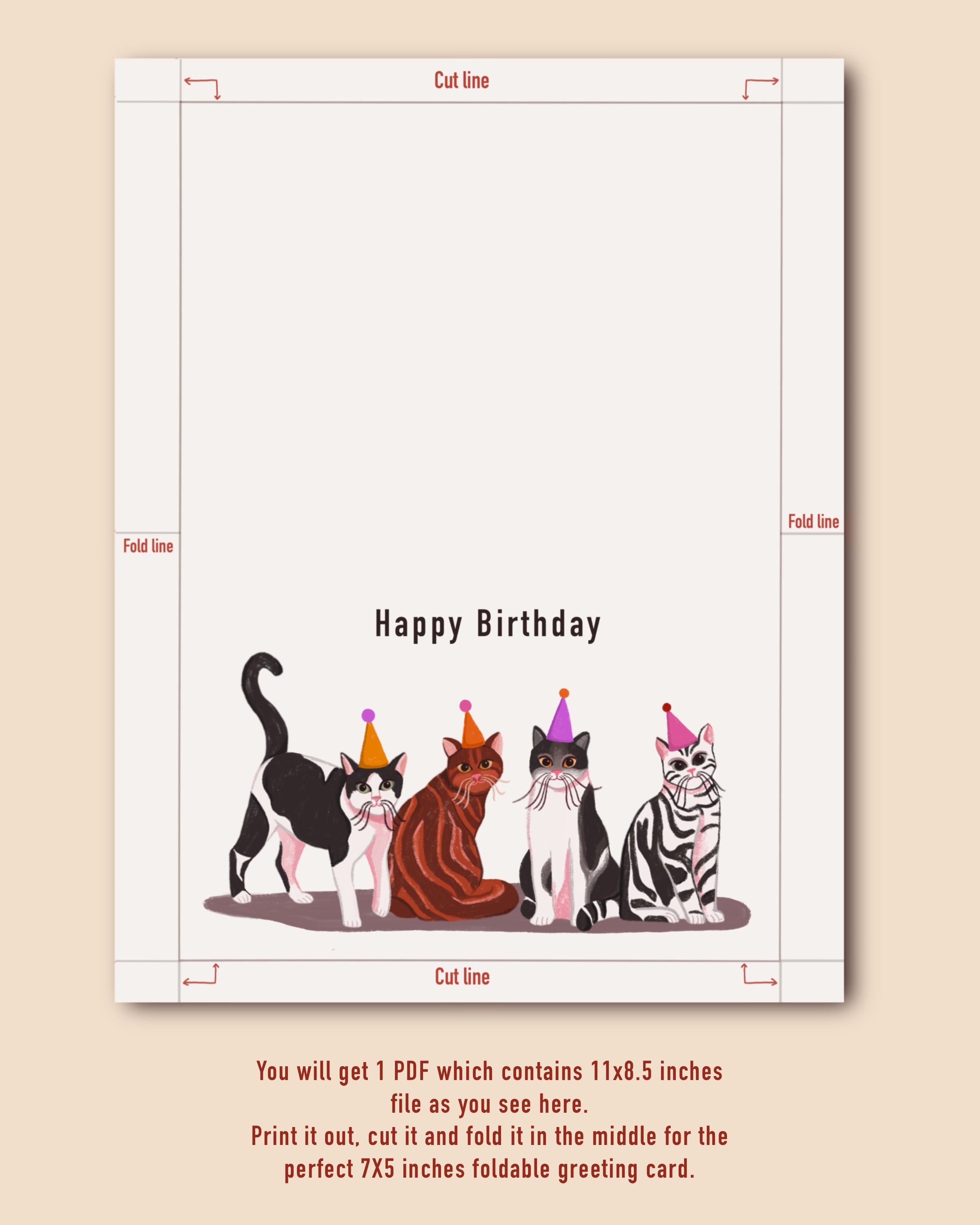 Cat Birthday Card Printable Party Cats Card Cute Cat Card - Etsy