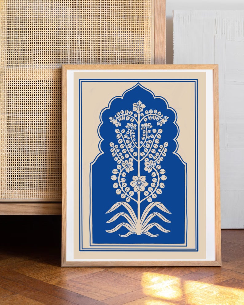 Blue Floral Mughal Print, Blue Indian Mughal Palace Art, Indian ...
