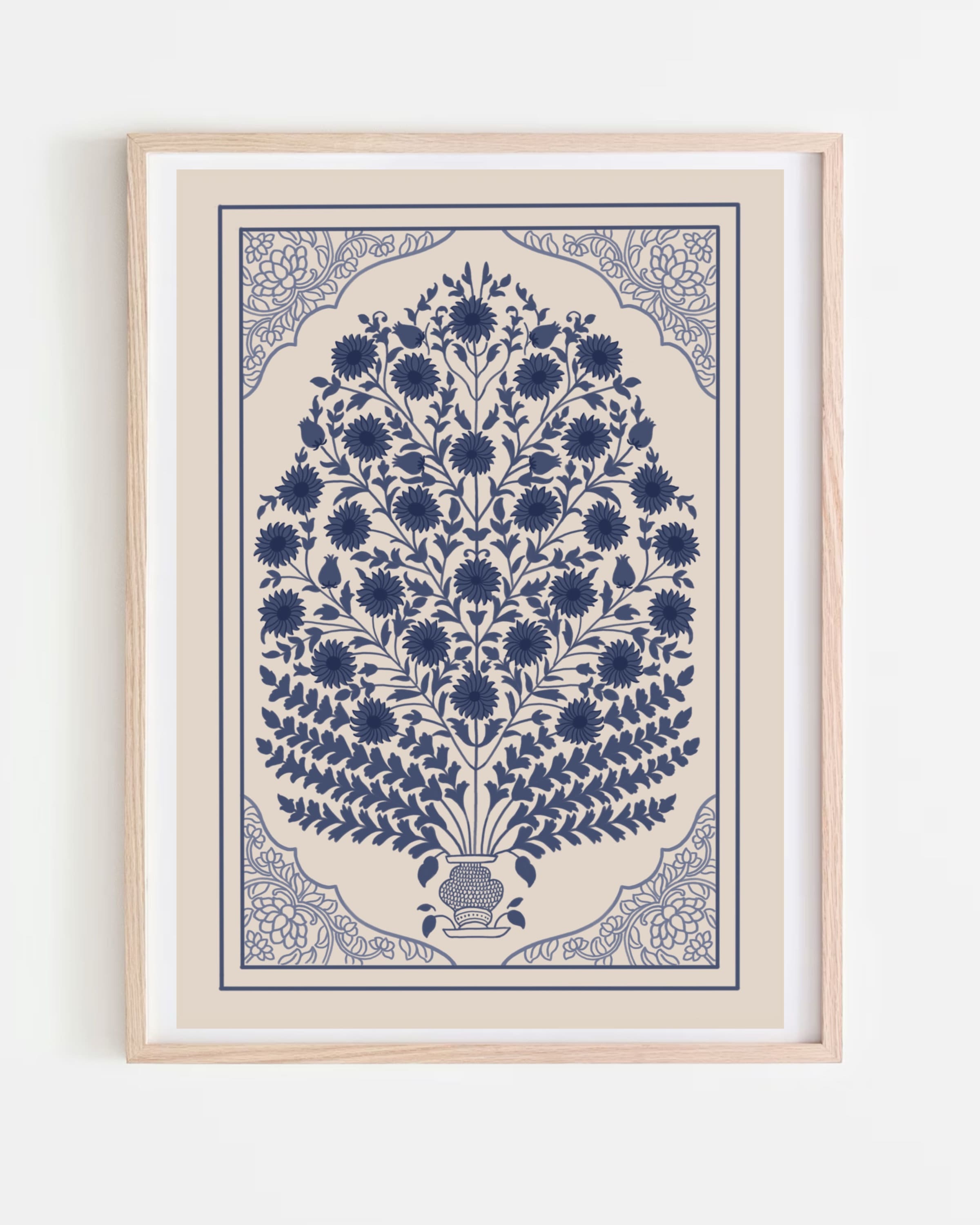 Floral Mughal Print, Blue and White Indian Folk Art (digital ...
