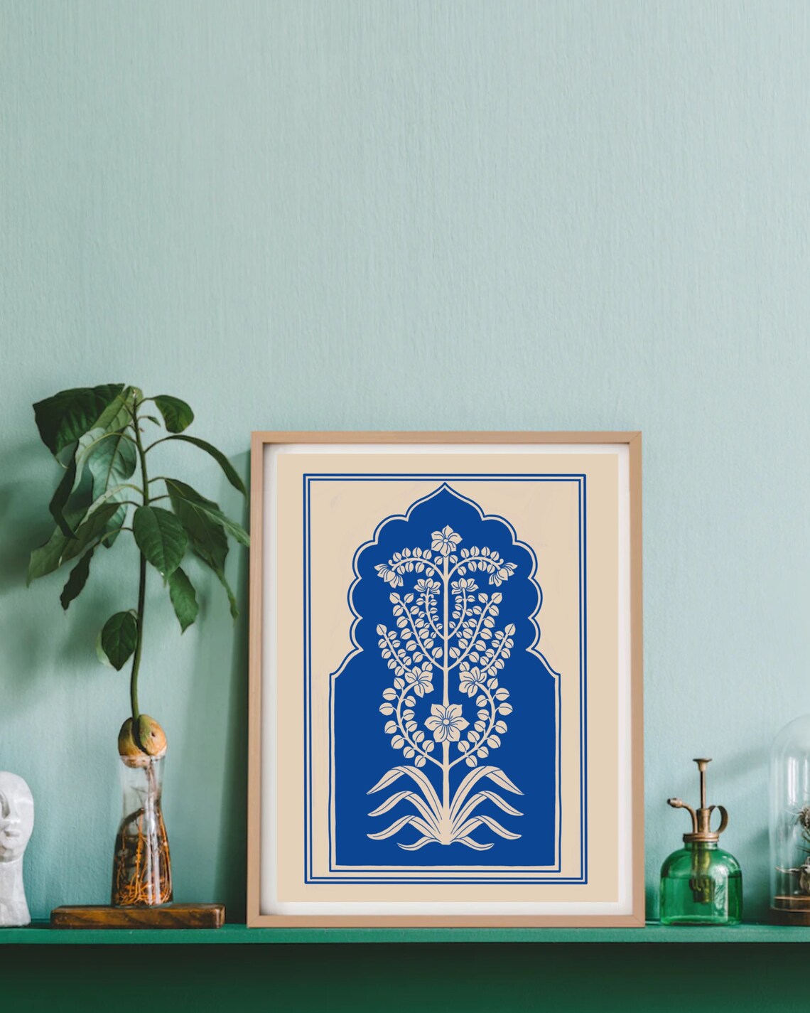Blue Floral Mughal Print, Blue Indian Mughal Palace Art, Indian ...