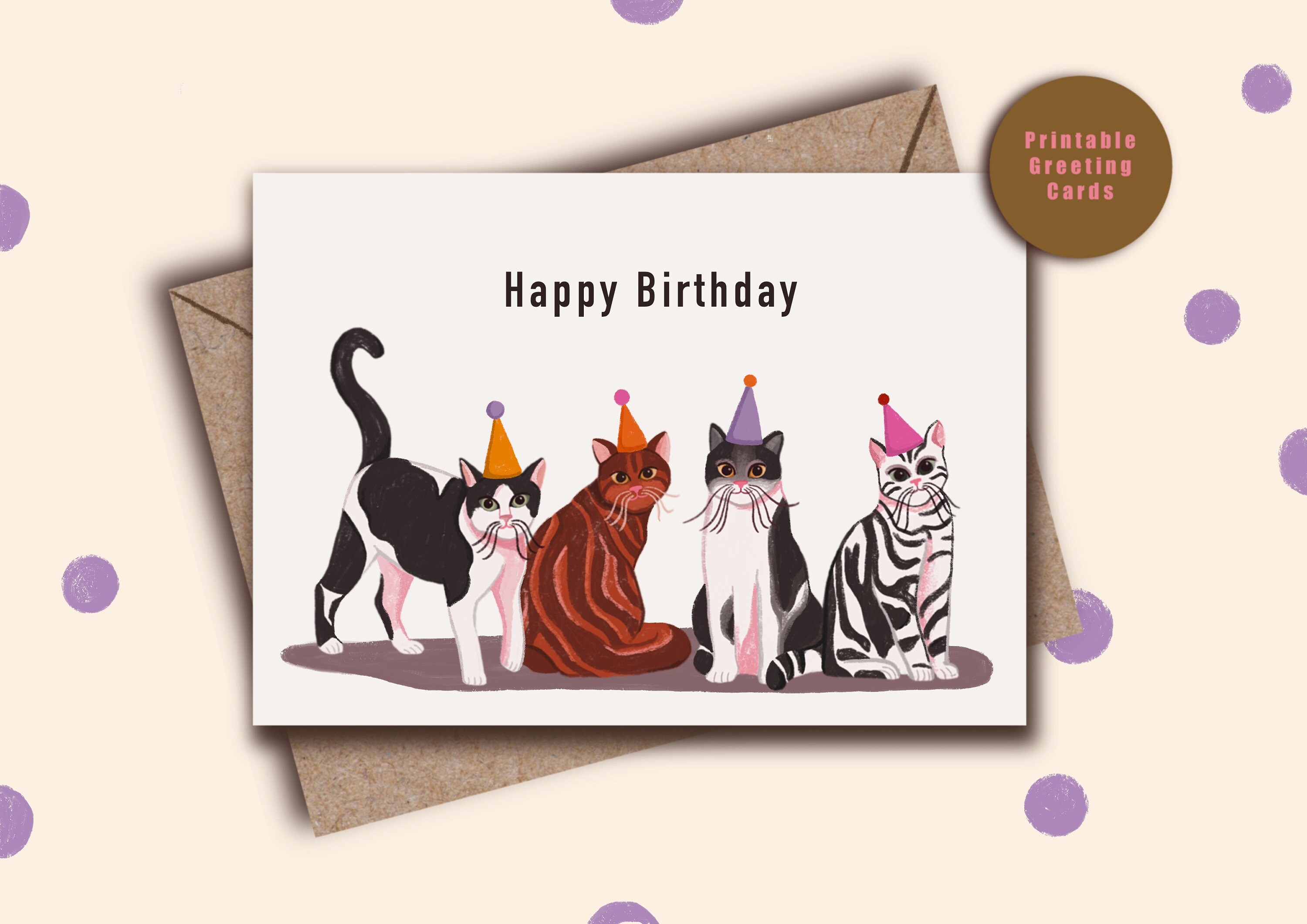 Cat Birthday Card Printable Party Cats Card Cute Cat Card - Etsy