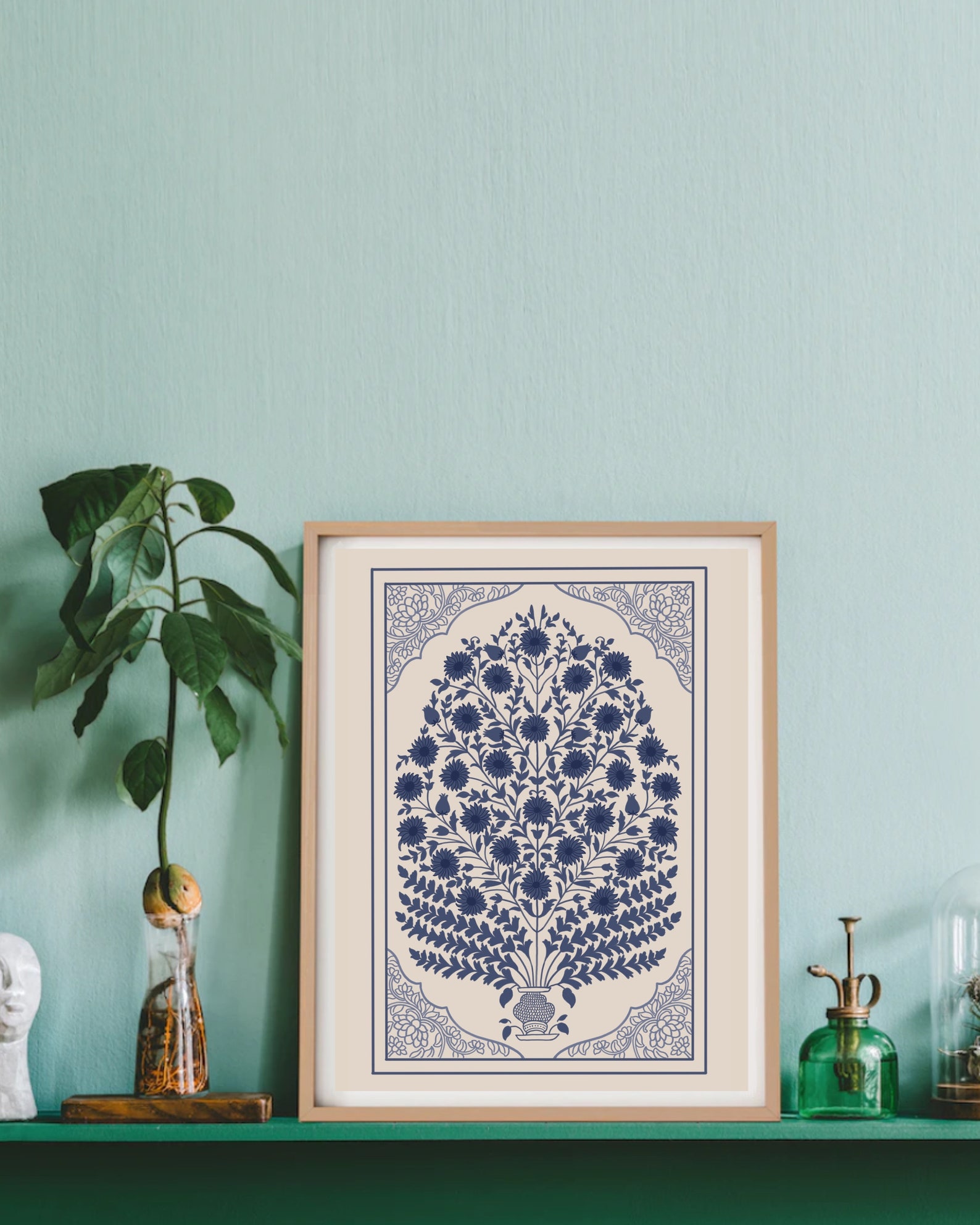 Floral Mughal Print, Blue and White Indian Folk Art (digital ...