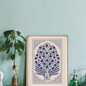 Floral Mughal Print, Blue and White Indian Folk Art (digital ...