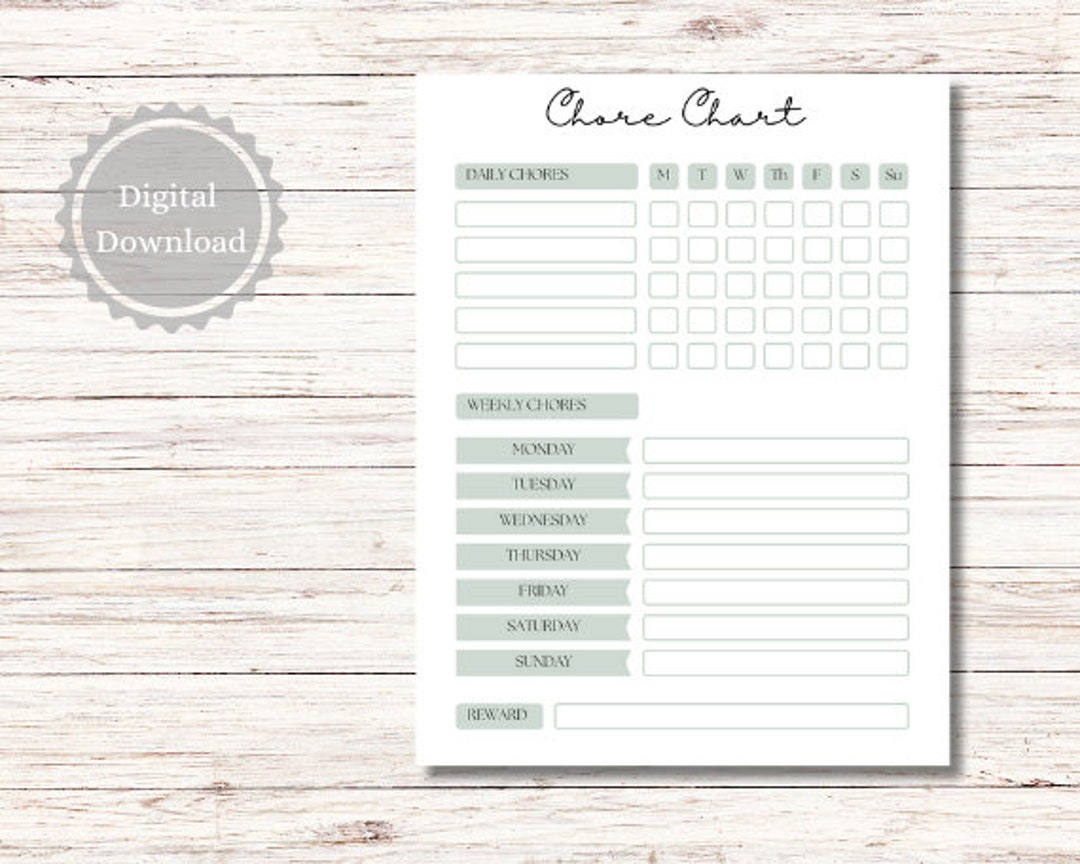 Green Chore Chart Printable Template Monthly Planner ADHD - Etsy