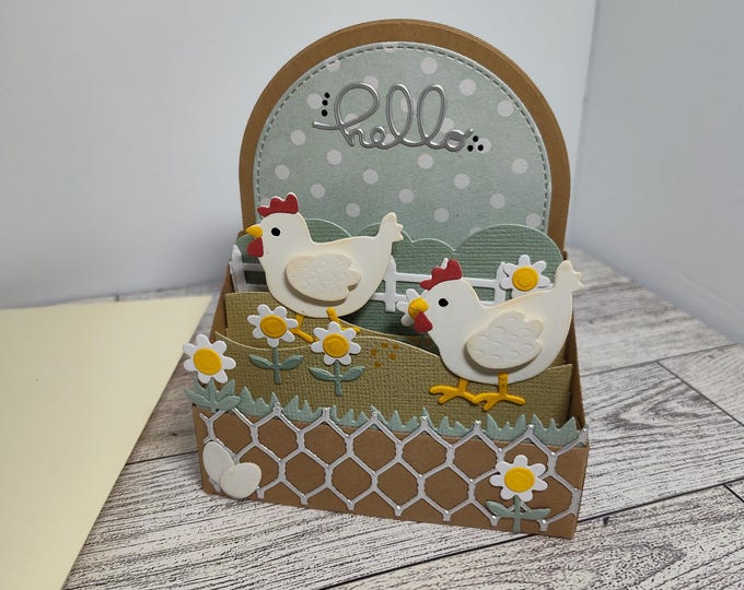 Hello Chickens Pop up Box Card 3D Step up Arch Faux Stitch Interactive ...