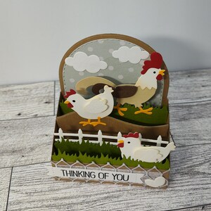 Chickens Rooster Pop up Box Card Thinking of You 3D Step up Arch Faux ...