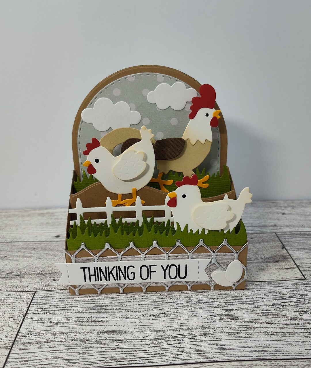 Chickens Rooster Pop up Box Card Thinking of You 3D Step up Arch Faux ...