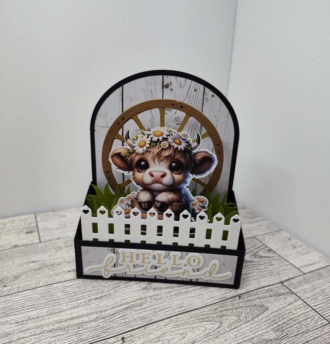 Jersey Cow Cute Pop up Box Card Handmade 3D Farm Fence Daisies Wagon ...