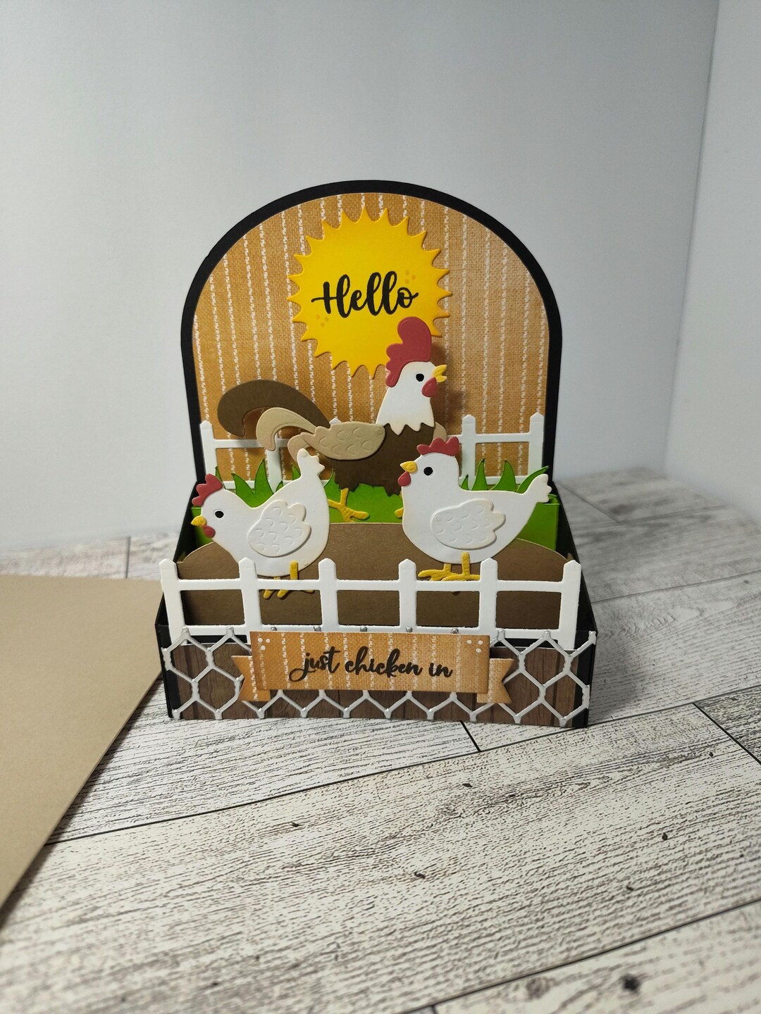 Chickens Rooster Cute Pop up Box Card Handmade 3D Farm Fence Sunshine 3 ...