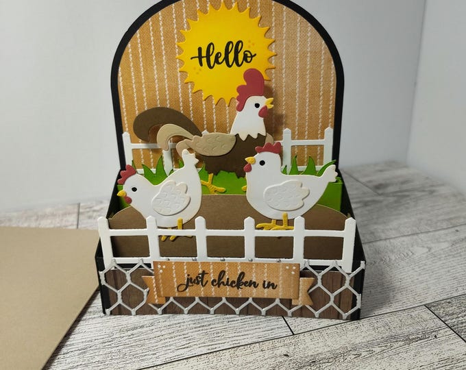 Chickens Rooster Cute Pop up Box Card Handmade 3D Farm Fence Sunshine 3 ...