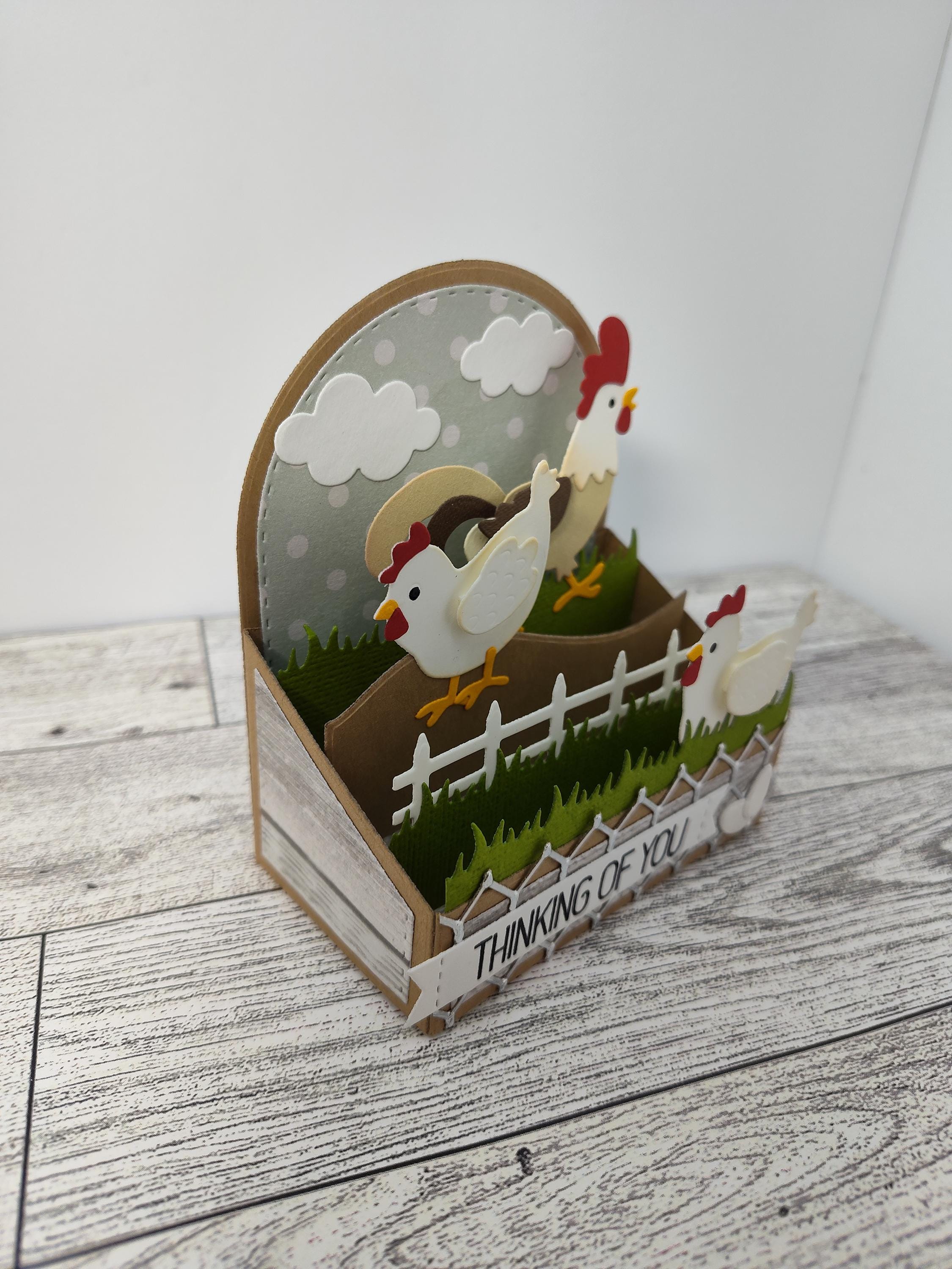 Chickens Rooster Pop up Box Card Thinking of You 3D Step up Arch Faux ...