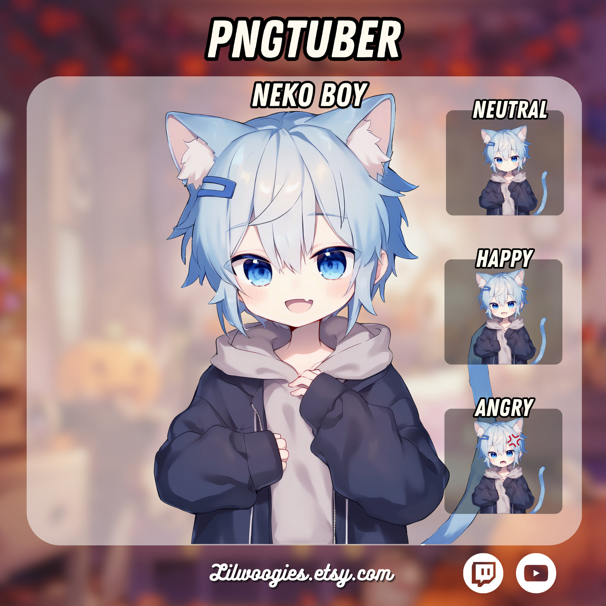 Cute Neko Boy Pngtuber Kawaii Ready for Twitch Vtuber Avatar Streaming Vtuber Assets OBS Premade ...