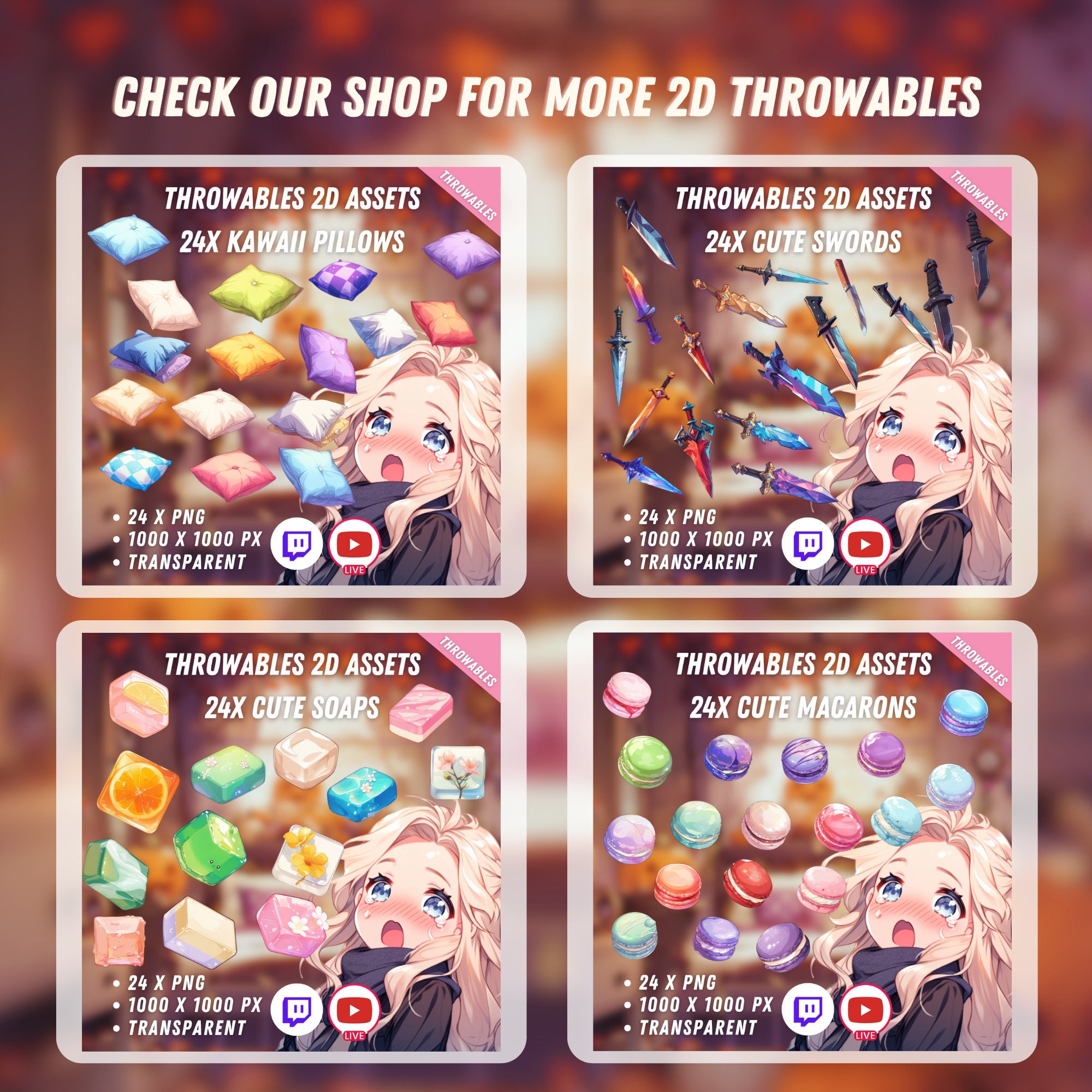 Bundle of Throwable Cute Swords Assets 24x | Transparent | Kawaii | 2D ...