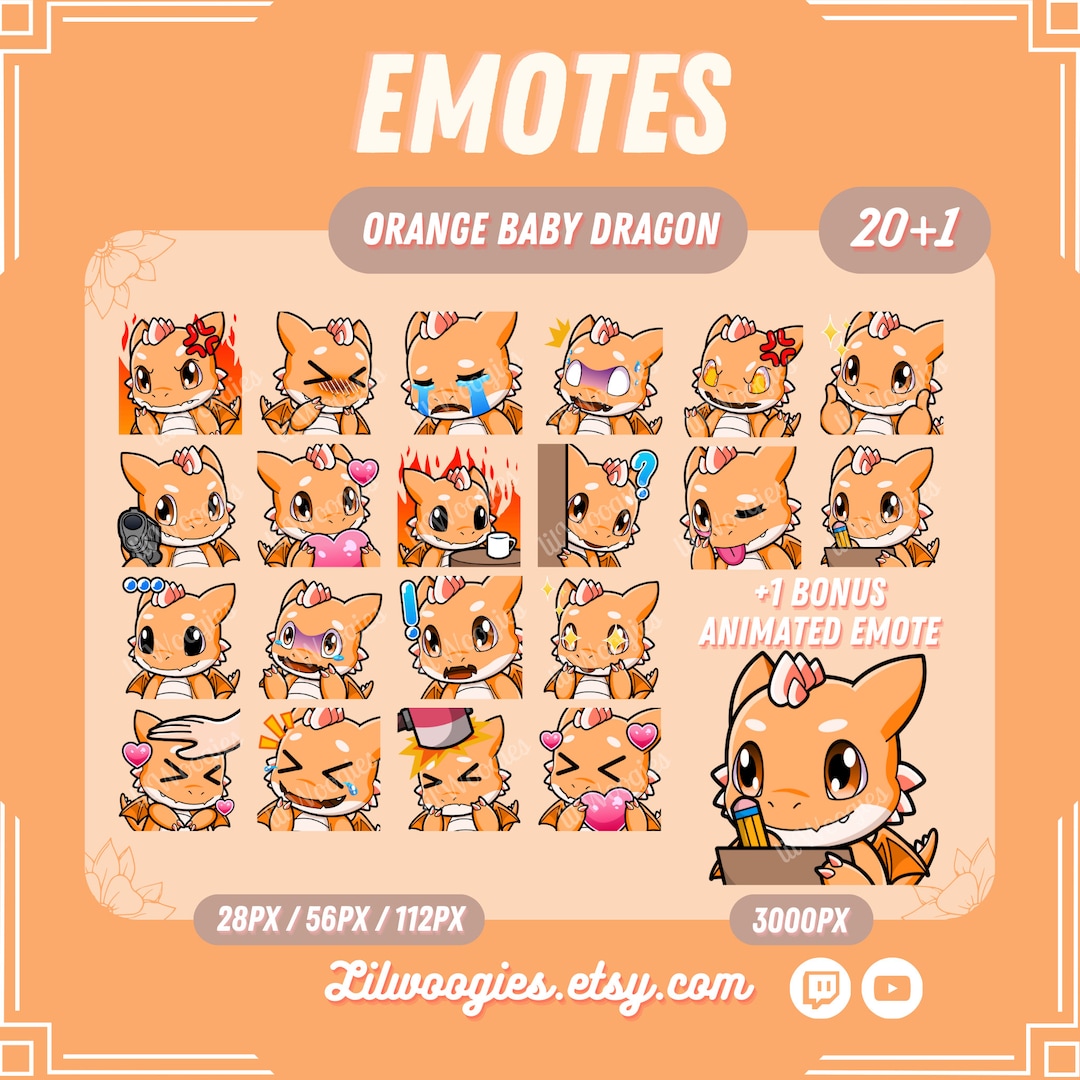 21 Orange Baby Dragon Twitch Emotes, Twitch Sub Emotes, Chibi Emotes ...
