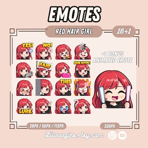 16x Red Hair Girl Twitch Emotes, Twitch Sub Emotes, Chibi Emotes, Cute ...