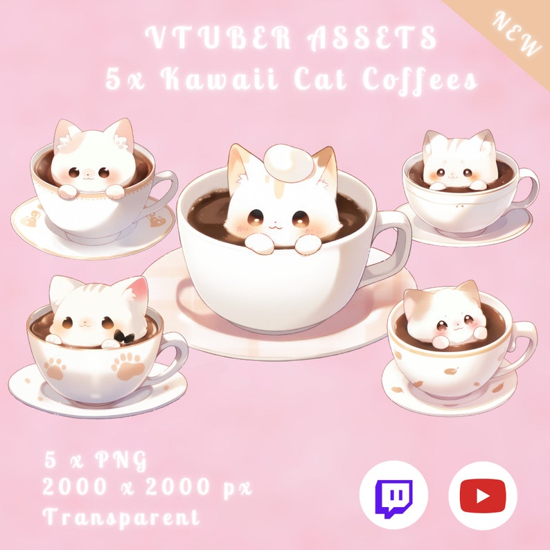 5x Kawaii Cat Coffee | Pngtuber | Transparent | Cute | Vtuber Assets | Cute Coffee Prop ...