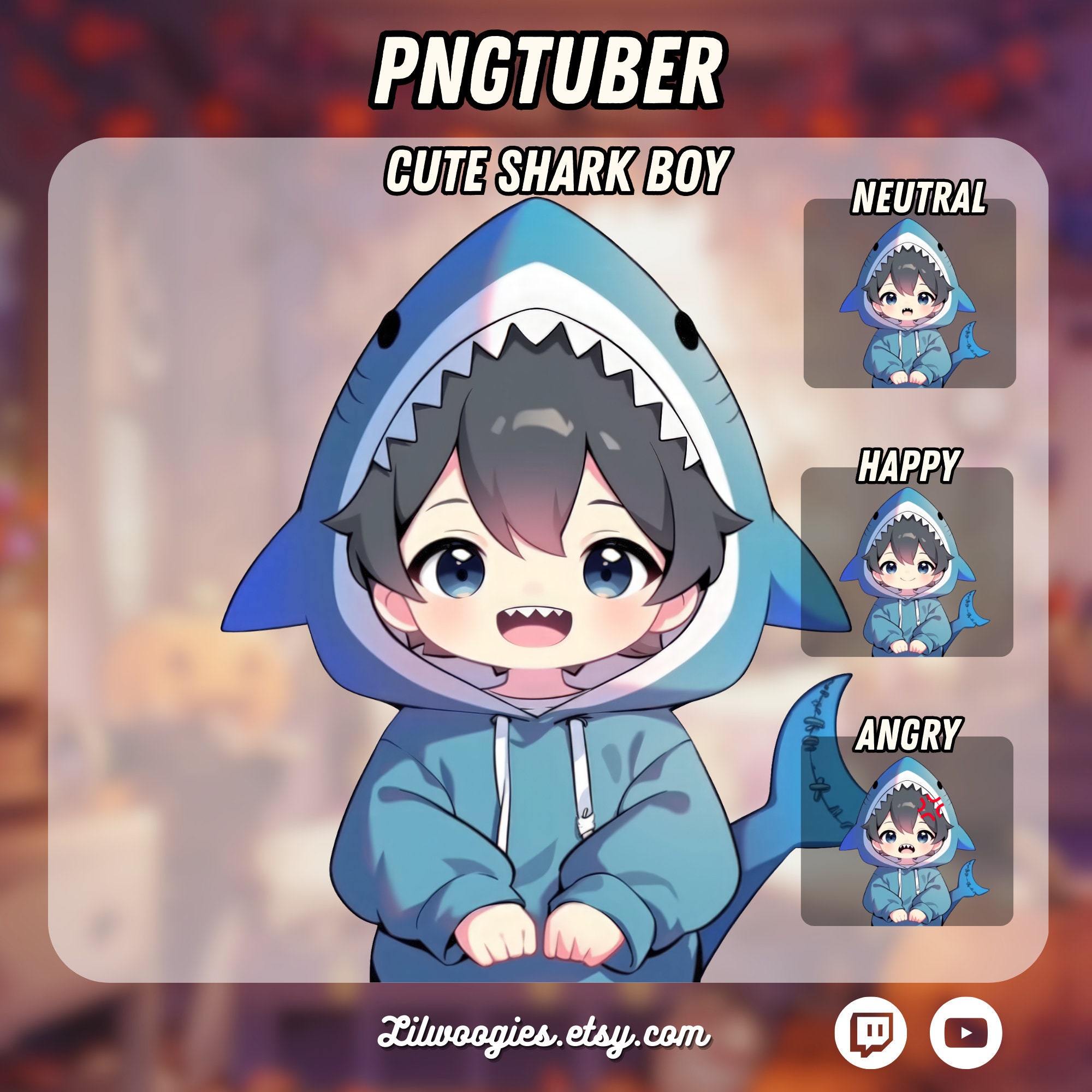 Cute Shark Boy Pngtuber Kawaii Chibi Ready for Twitch Vtuber Avatar ...