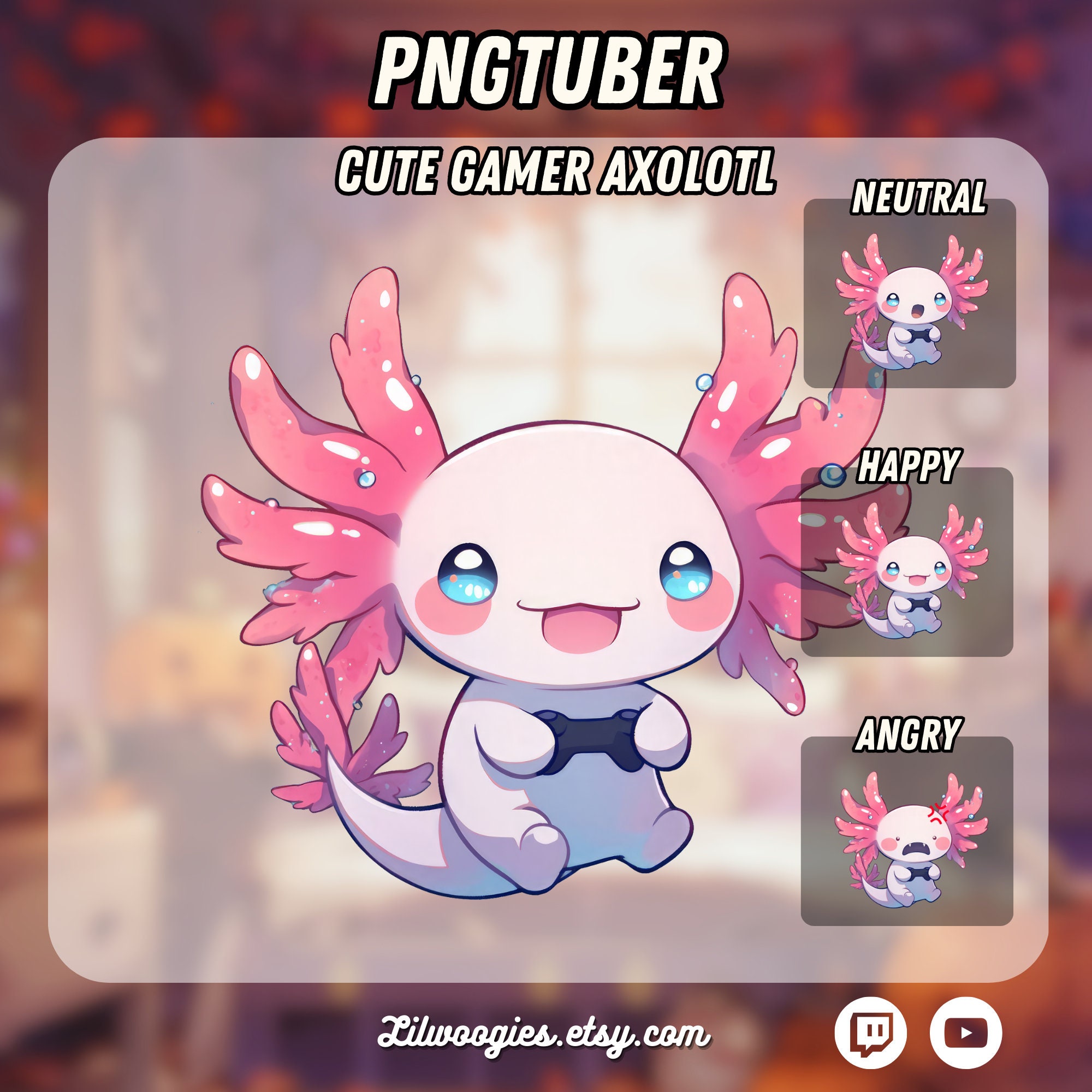 Chibi Gamer Axolotl Pngtuber | Kawaii | Ready for Twitch | Vtuber ...