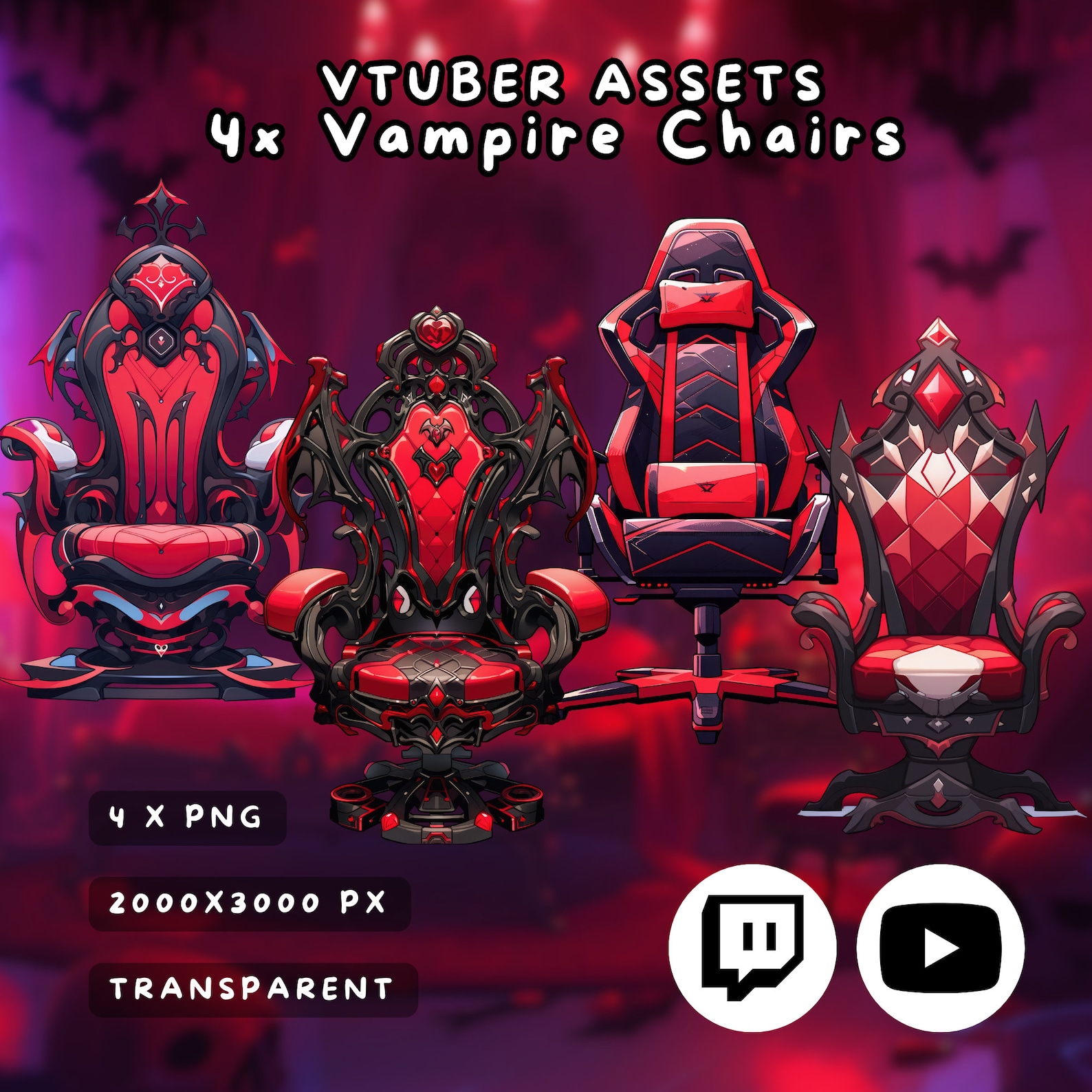 4x Vtuber Vampire Chairs | Transparent | Cute | Kawaii | Halloween ...