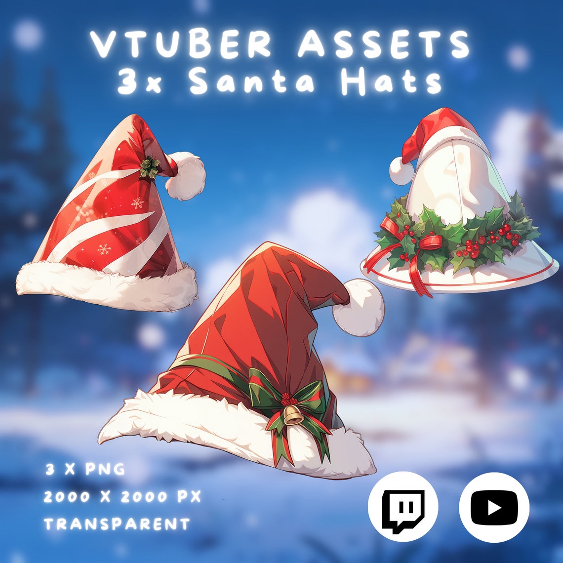 3x Vtuber Santa Hats Cute Kawaii Christmas Winter Snow Cozy Red Hats ...