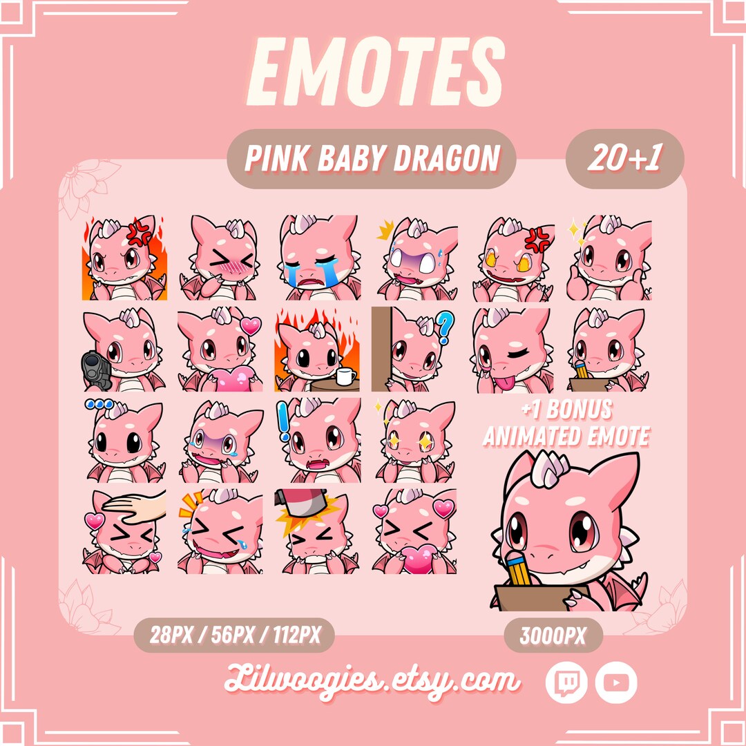 21 Pink Baby Dragon Twitch Emotes, Twitch Sub Emotes, Chibi Emotes ...