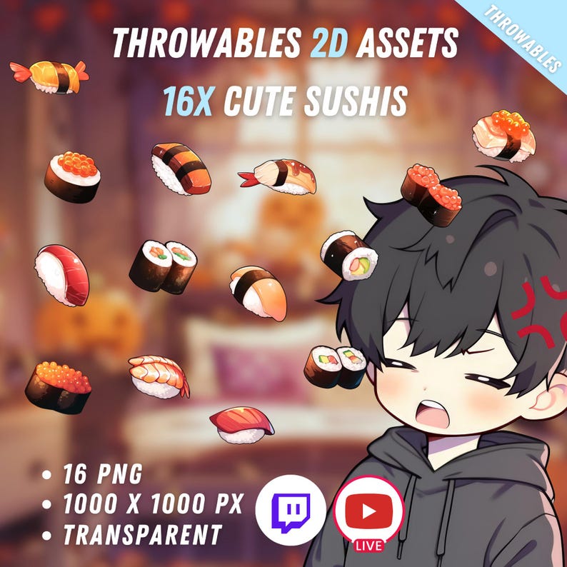 Bundle of Throwable Cute Sushi Assets 16x | Transparent | Kawaii | 2D ...