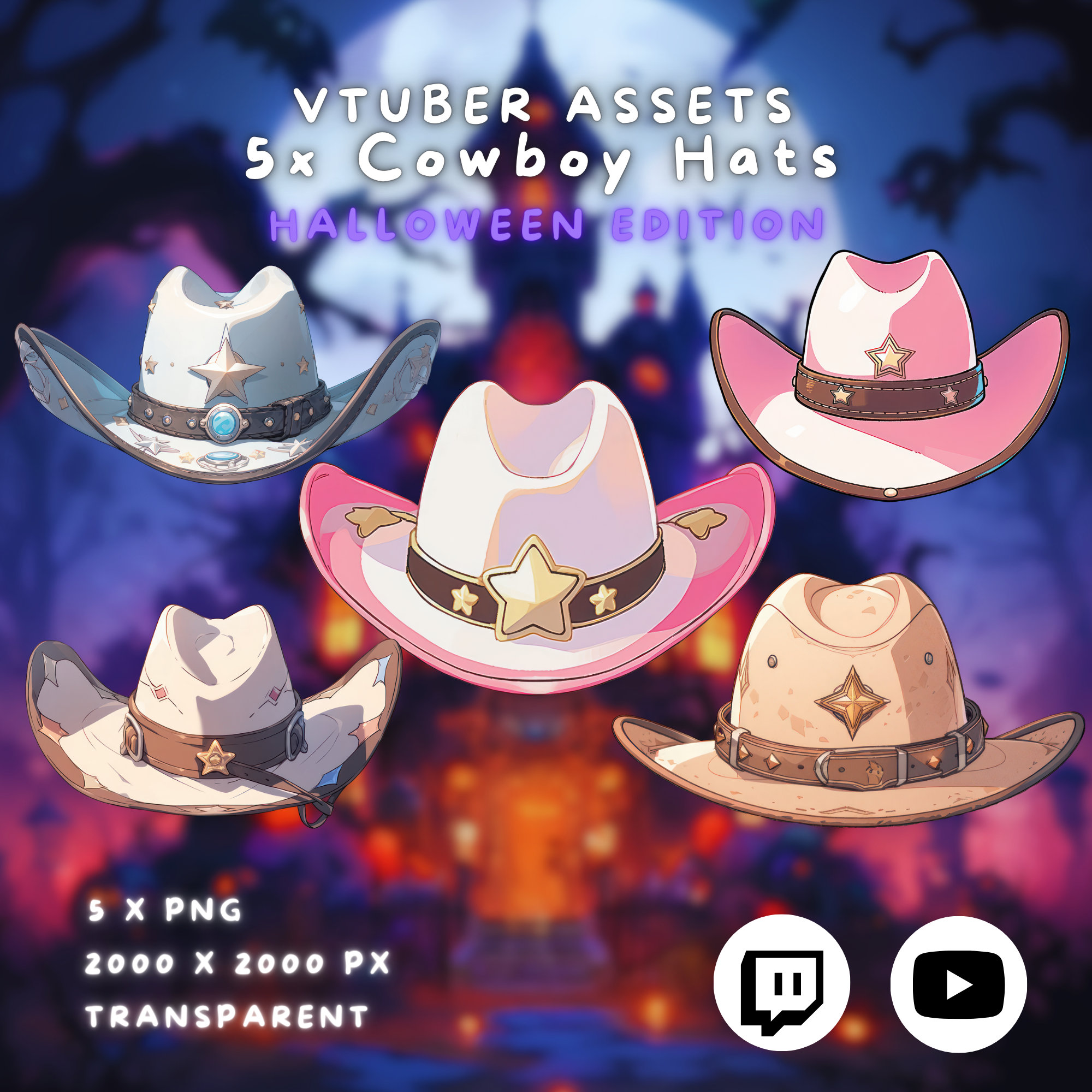 5x Vtuber Halloween Cowboy Girl Hats Cosplay Transparent Cute Kawaii ...