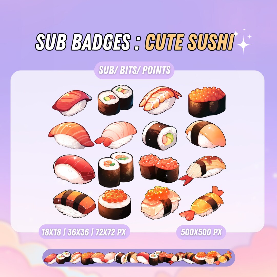 Cute Fresh Sushi Sub Badges, Twitch Bit Badges, Sub Badges for Twitch ...