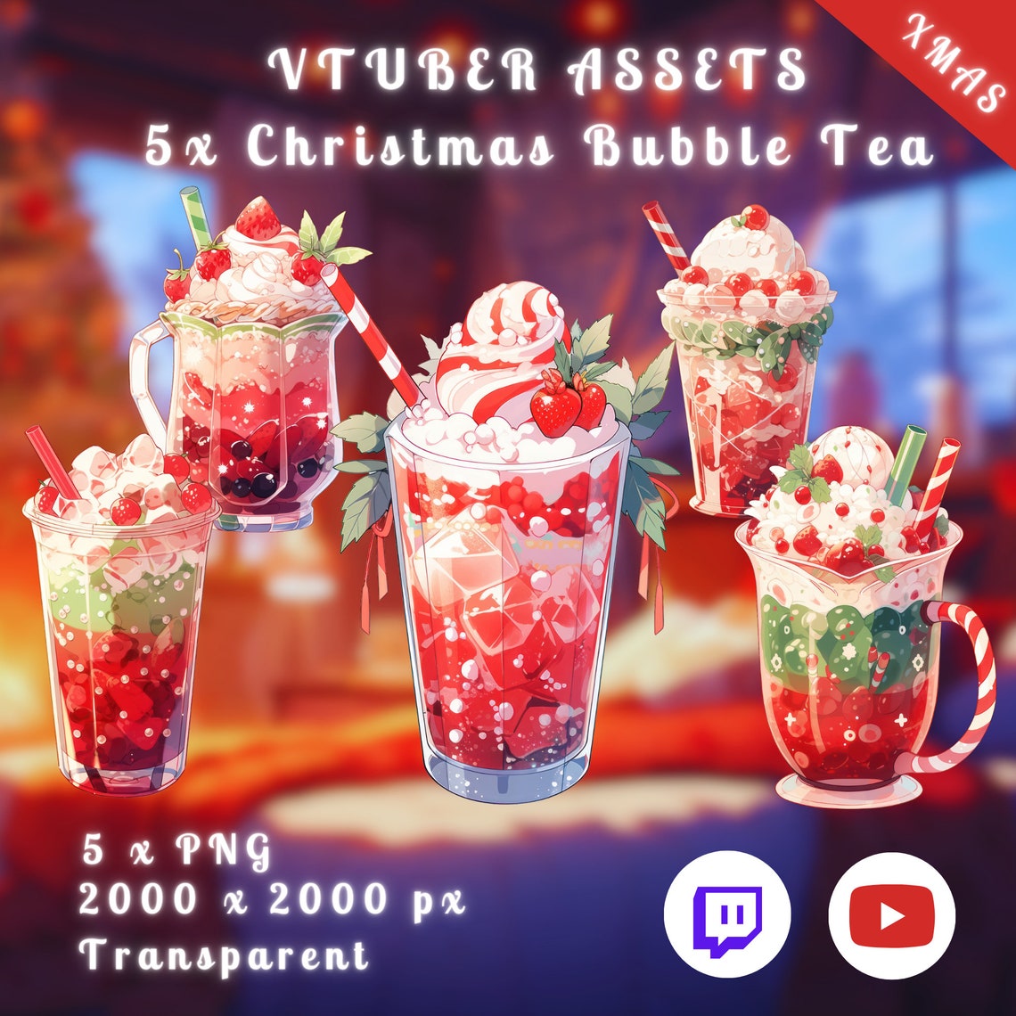 Christmas Vtuber Bubble Tea 5x Transparent Xmas Beverage Cozy Digital ...