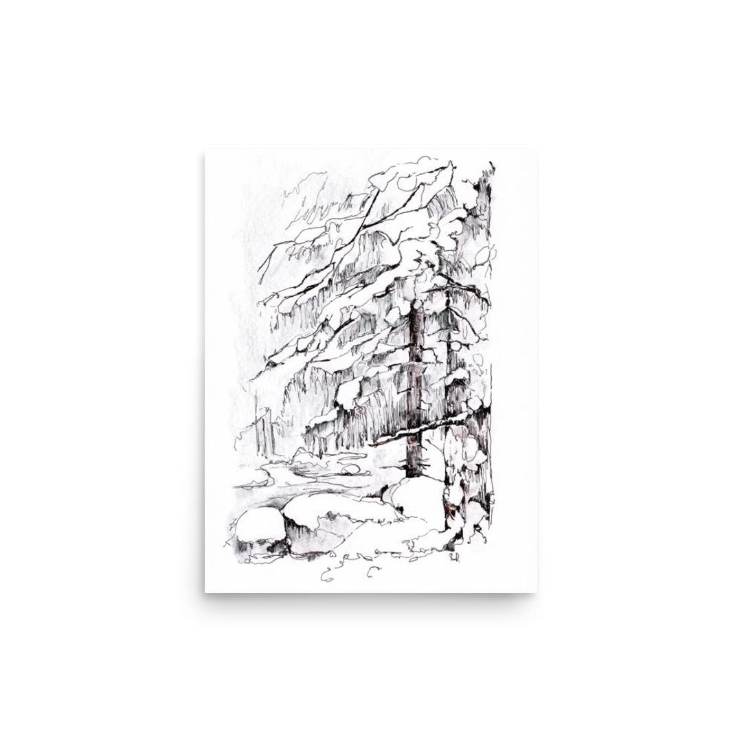 Winter Wall Art, Snowy Forest Drawing, Pen and Ink Artwork, White Black ...