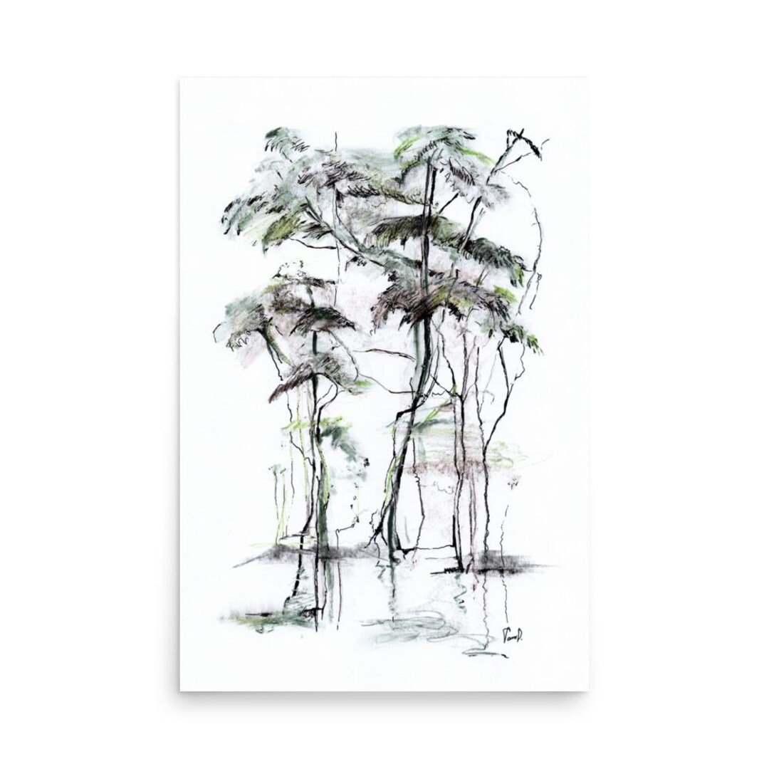 Trees, Charcoal Pencil Drawing Landscape Forest Nature Study, ART PRINT ...